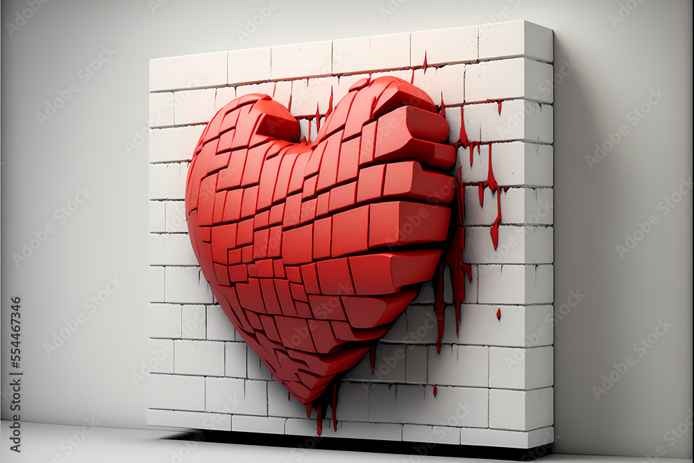 red human heart in a white brick wall, the hearth is pressed in the ...