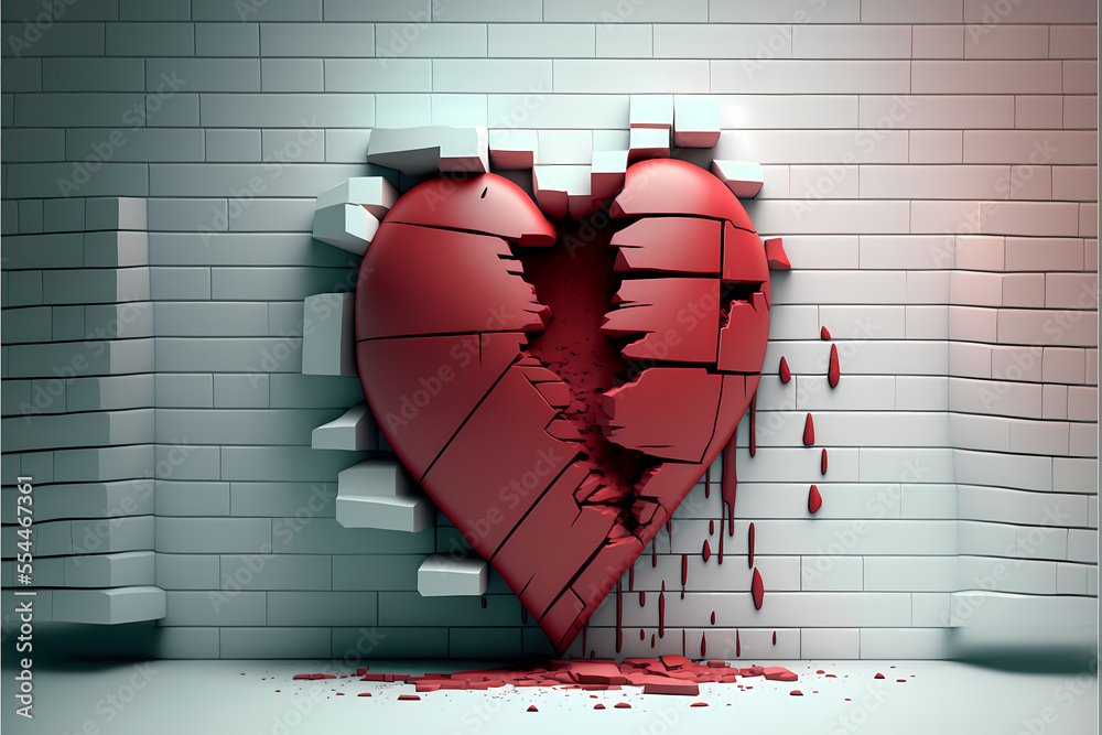 red human heart in a white brick wall, the hearth is pressed in the ...