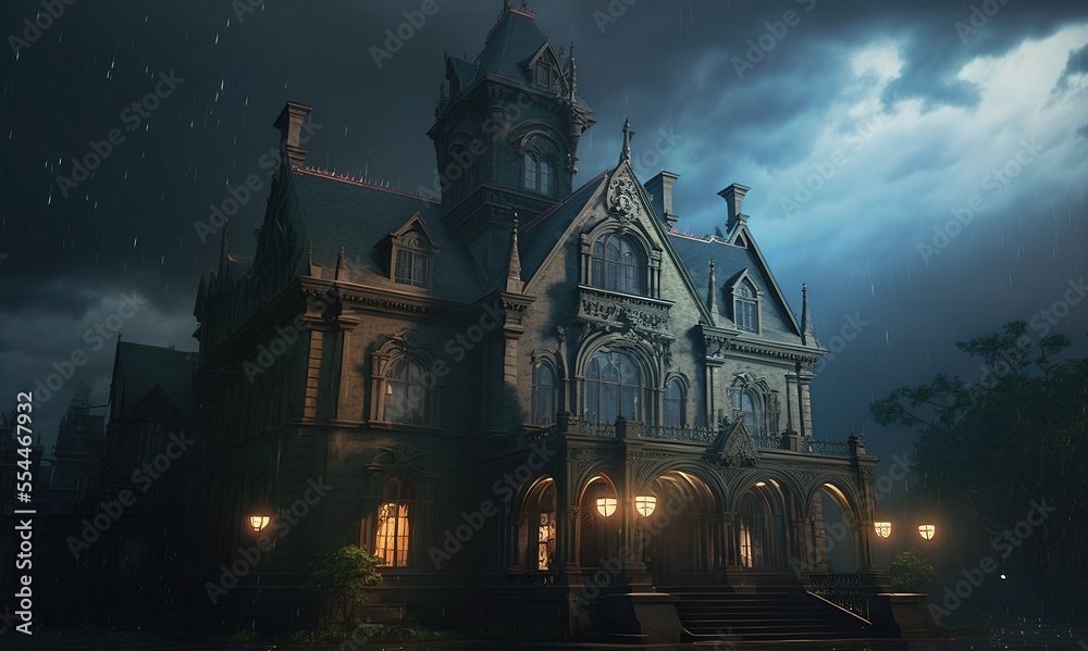Dark Gothic Mansion in the Moon Light. Rainy Night Mystical Victorian ...
