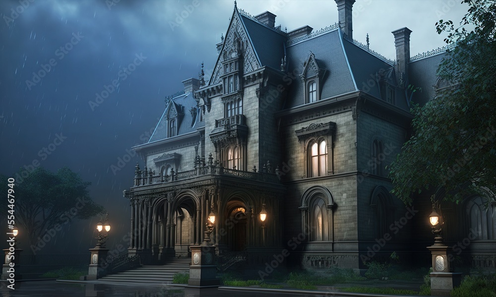 Dark Gothic Mansion in the Moon Light. Rainy Night Mystical Victorian Manor with Glowing Windows ...
