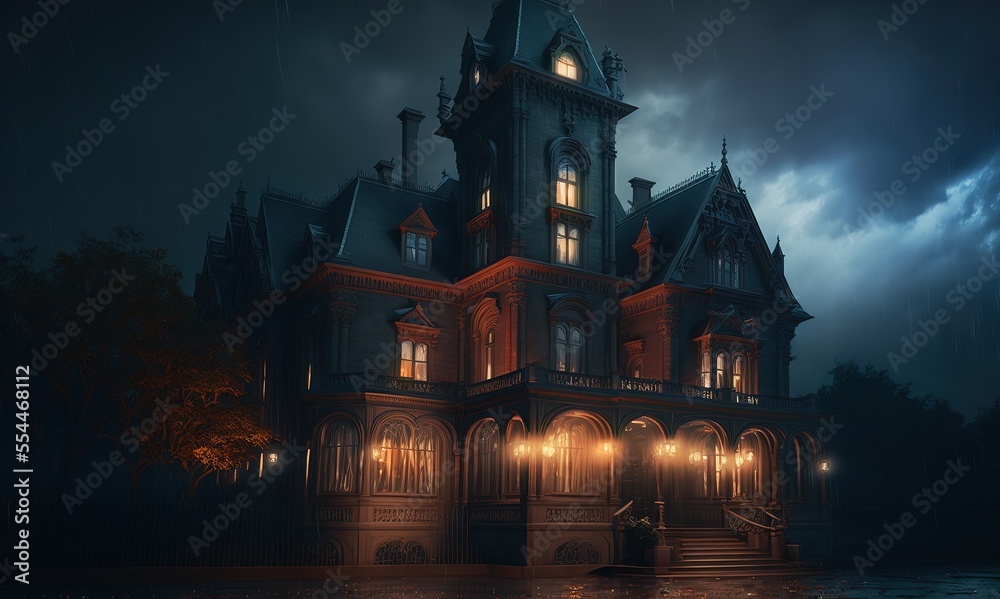 Dark Gothic Mansion in the Moon Light. Rainy Night Mystical Victorian ...