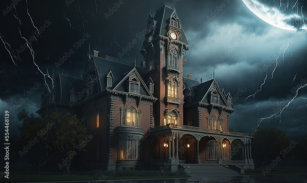 Dark Gothic Mansion in the Moon Light. Rainy Night Mystical Victorian ...
