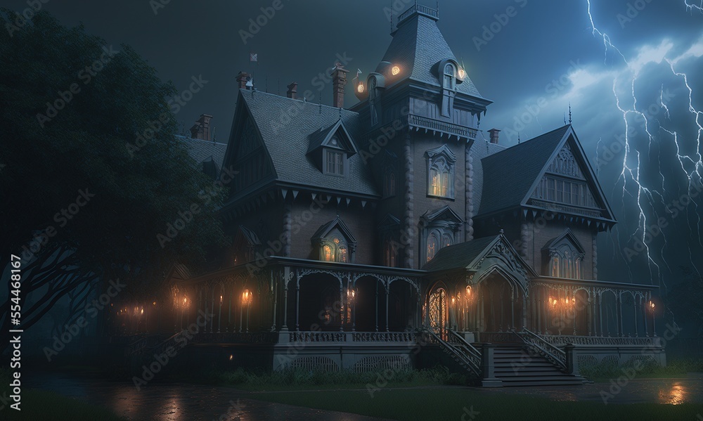Dark Gothic Mansion in the Moon Light. Rainy Night Mystical Victorian ...