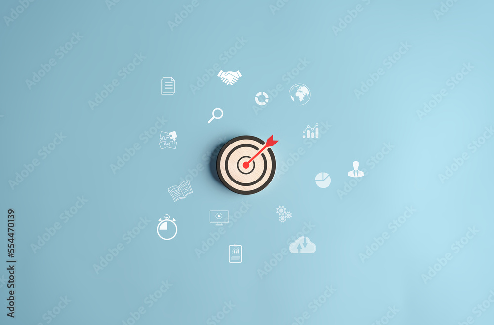 Aiming target dashboard on wooden circle for planning development ...