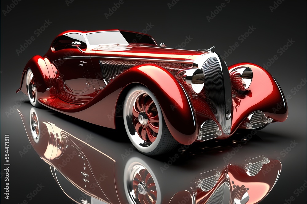a red car is shown in a black background with a reflection on the floor ...