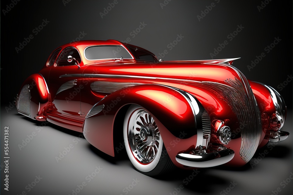 A red car is shown in a dark room. Stock Illustration | Adobe Stock