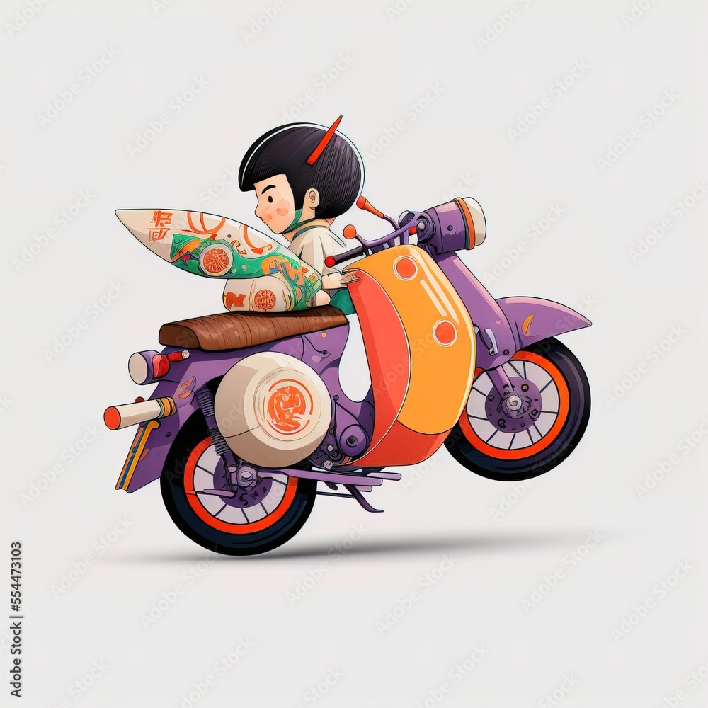 a cartoon character riding a motorcycle with a surfboard on the back of ...