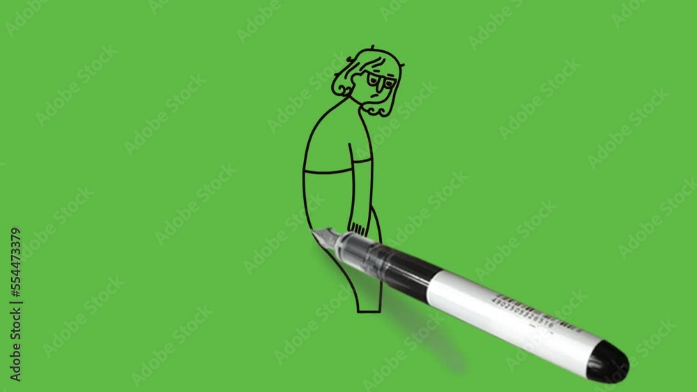 Draw young boy standing lean forward with grey hair and spectacles hold ...