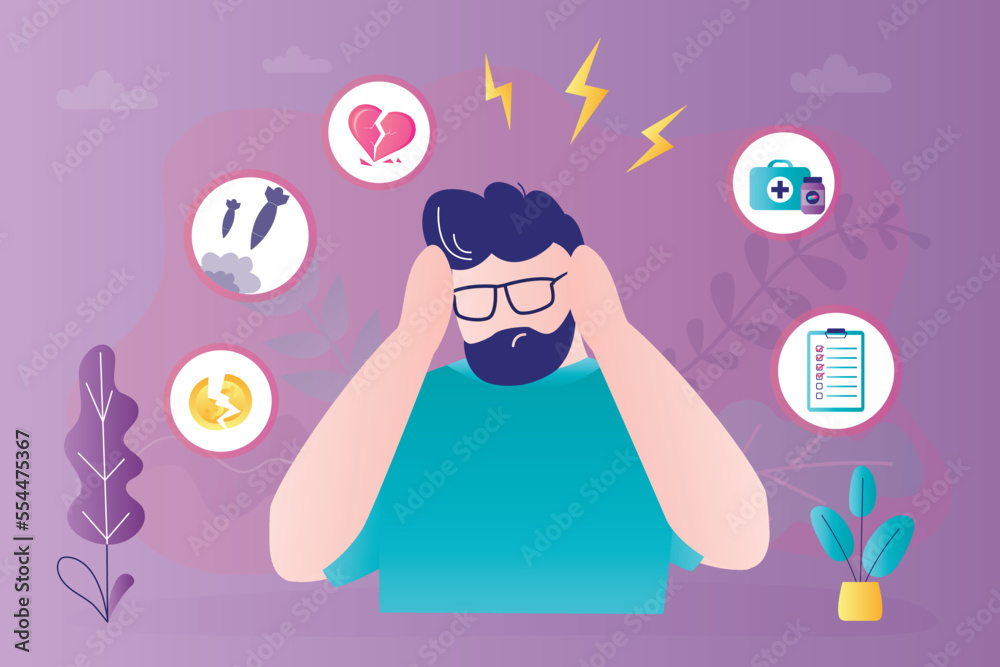 Various causes of stress, panic attack or overexertion. Sad guy with ...