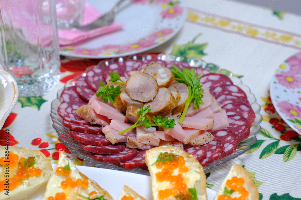 Ukrainian Easter festive dishes. Festive table setting. Bright colored ...