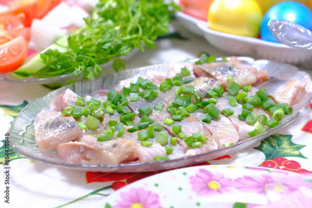 Ukrainian Easter festive dishes. Festive table setting. Bright colored ...