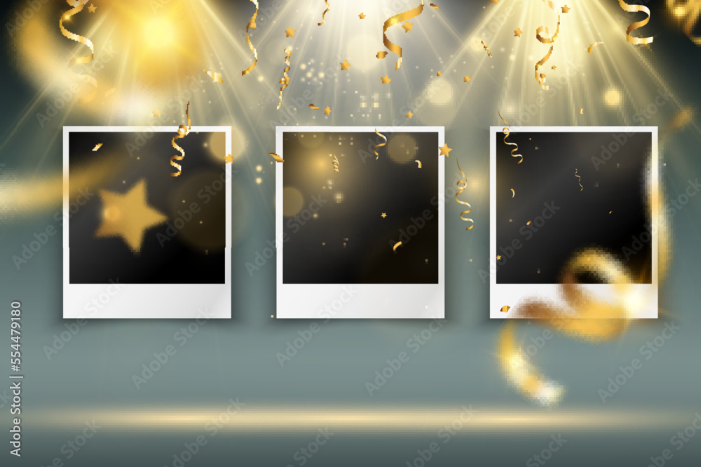 Congratulatory photo frame with golden confetti. Stock Vector | Adobe Stock