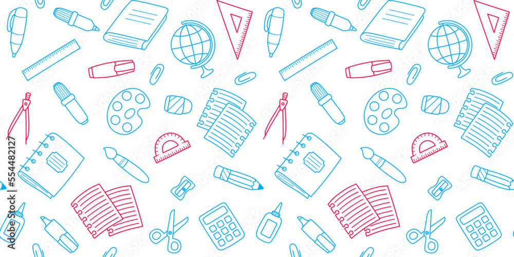 Blue and pink school supplies and office stationary on a white ...