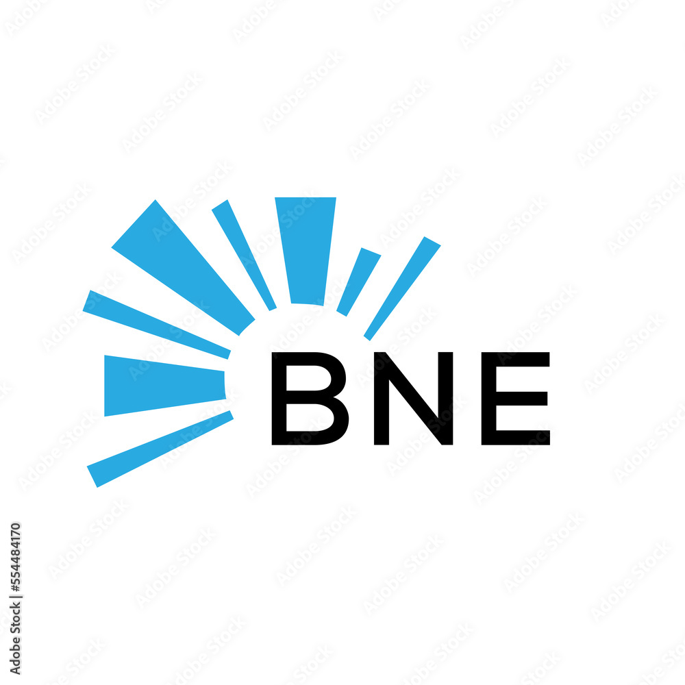 BNE letter logo. BNE blue image on white background and black letter ...