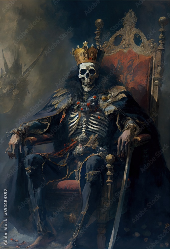 A horrible ancient skeleton king sits on a throne. The concept of a ...