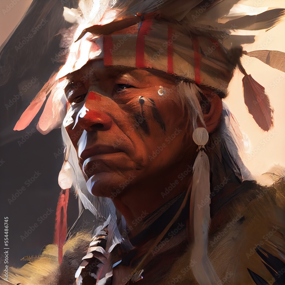 Portrait of a fictional Indian shaman from the Comanche Indian tribe ...