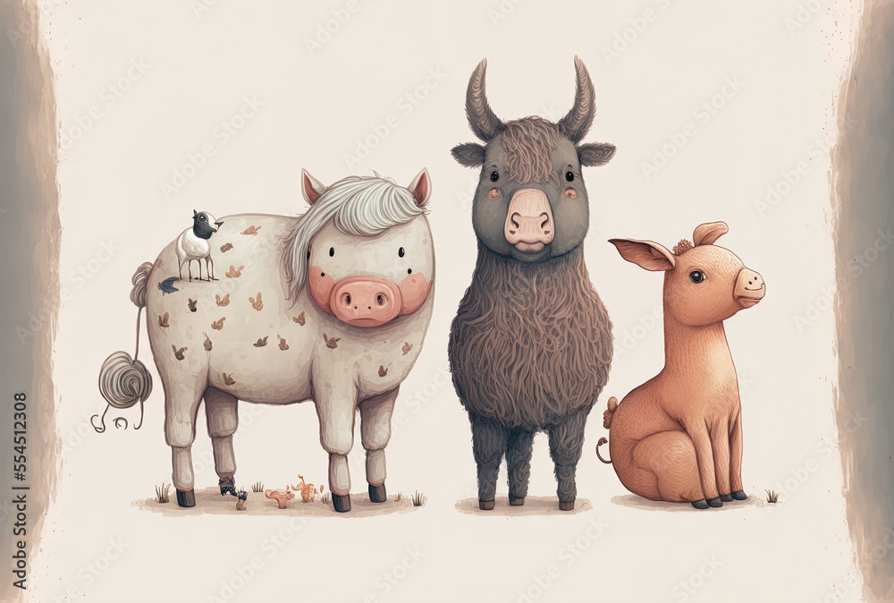 Cute hand drawn animal illustrations of a pig, a horse, a sheep, a cow ...
