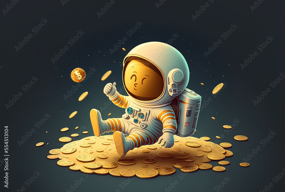 Cartoon image of a cute astronaut floating with a gold coin in science ...