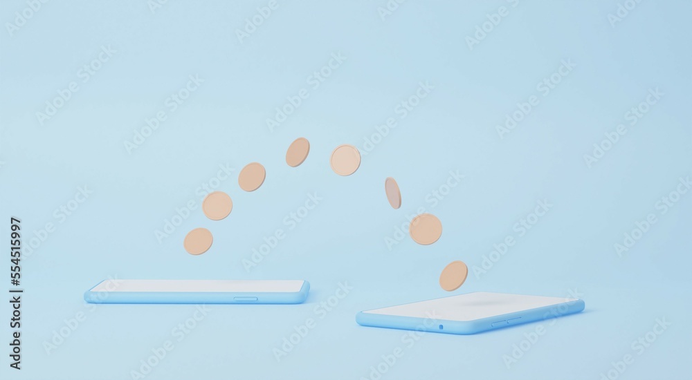 Money transfer on smartphones. Coins moving from one mobile phone to ...