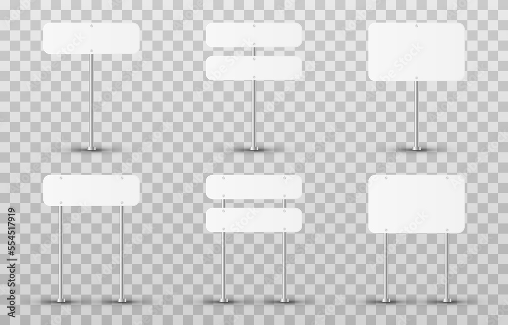 Set of road signs on an isolated transparent background. White signs ...