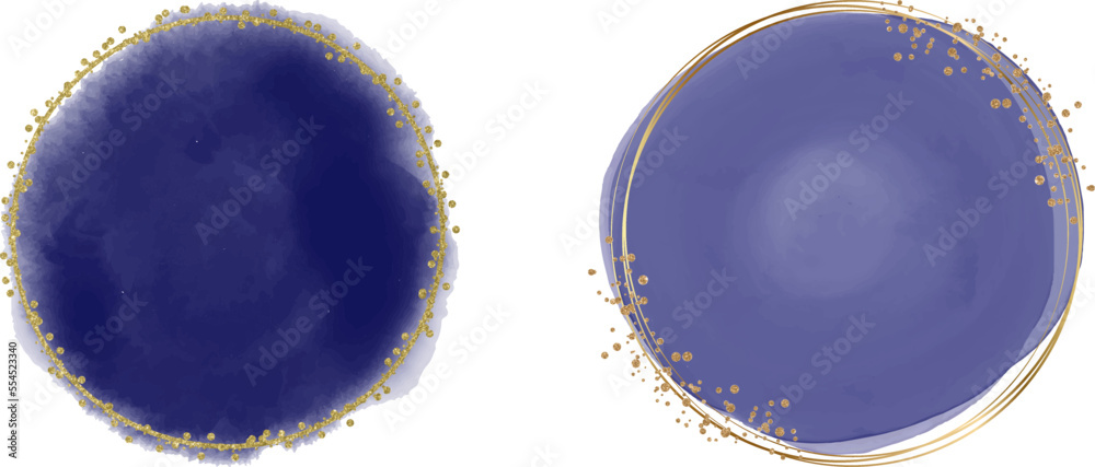 Navy blue watercolor round frames with golden glitter confetti Stock ...