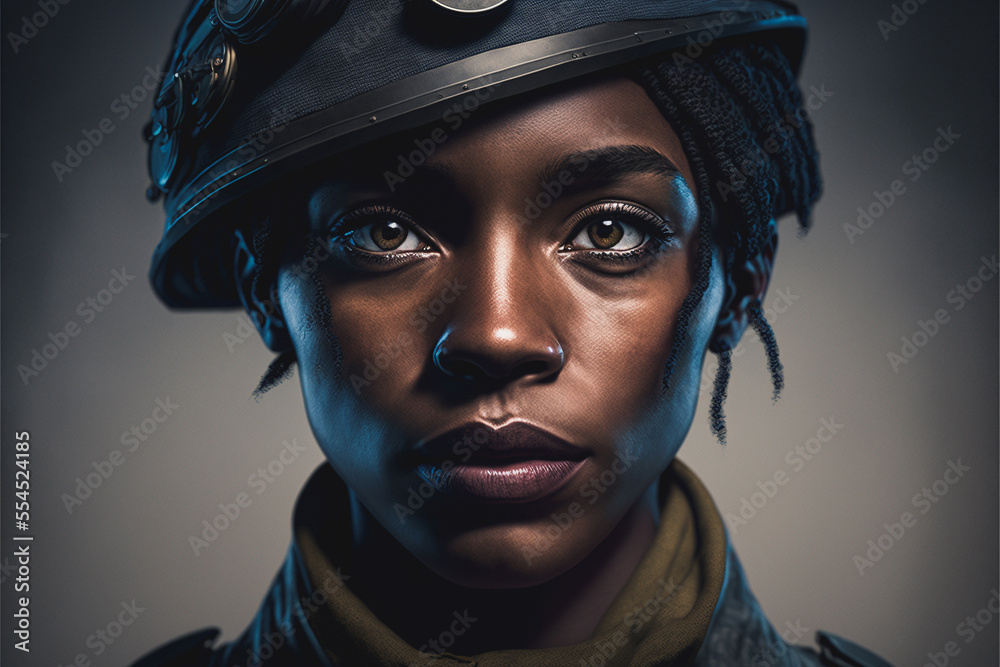 Young black female soldier wearing army fatigues and a helmet. Close up ...