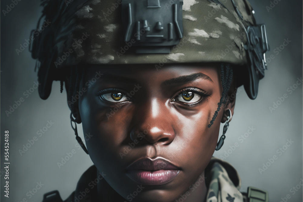 Young black female soldier wearing army fatigues and a helmet. Close up ...