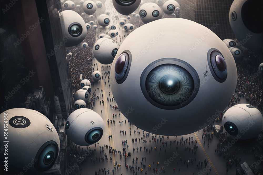 Floating cameras in the shape of giant eyeballs spying on people in ...