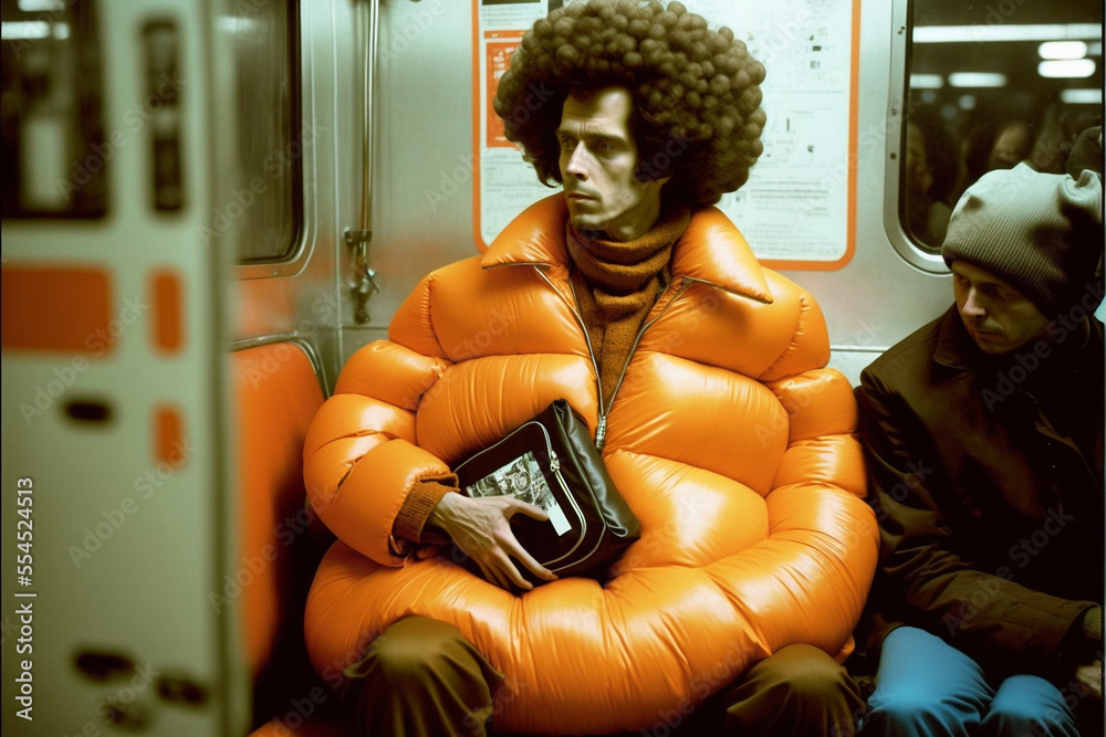 Strange man with weird expression wearing absurd puffy jacket on a New ...