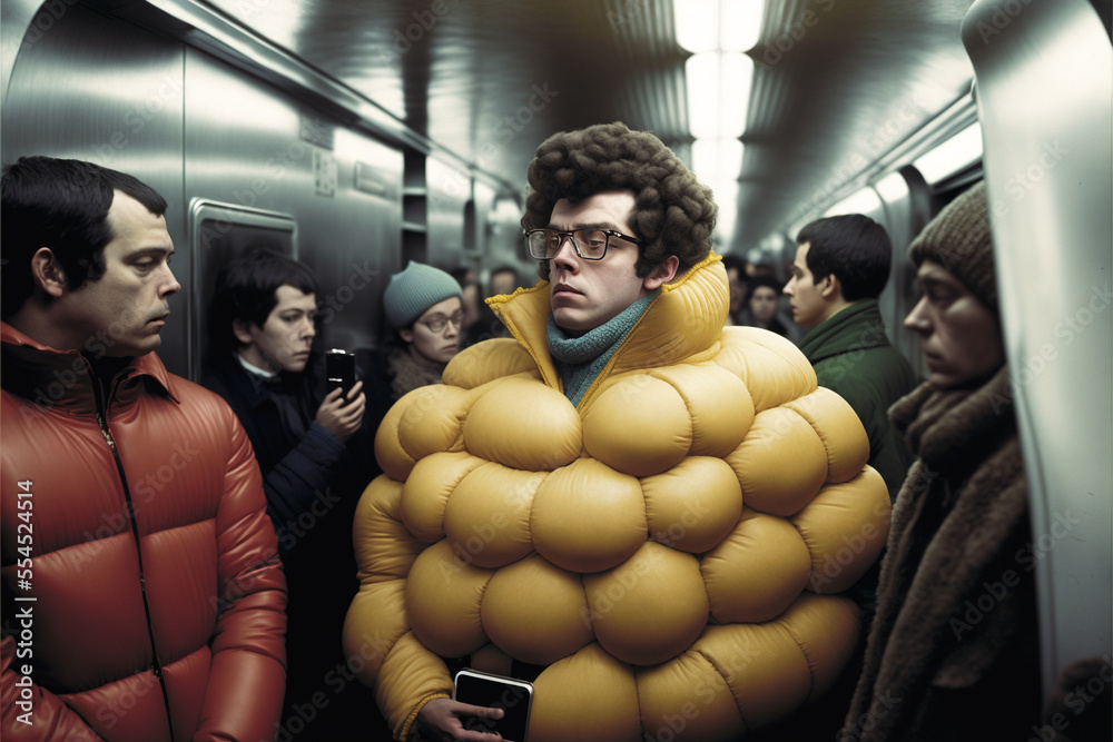 Strange man with weird expression wearing absurd puffy jacket on a New ...