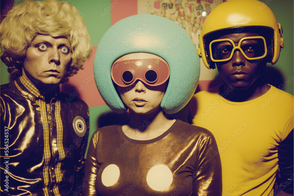 Retro science fiction television actors wearing vintage costumes with ...
