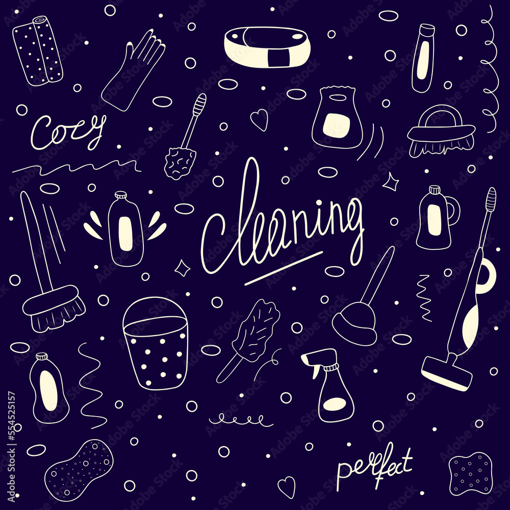 Hand drawn colored doodle set of cleaning agents, mops, robot vacuum ...