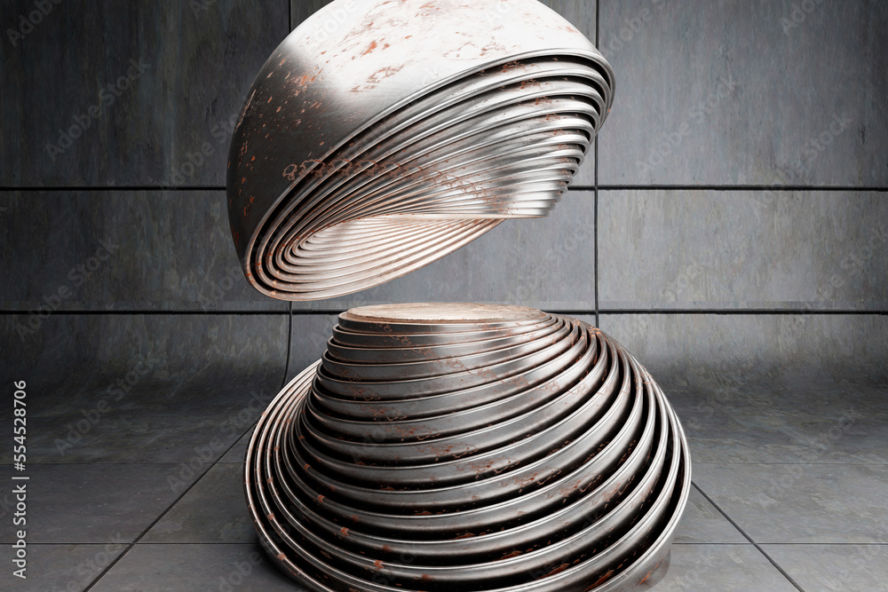 Rusty steel bowl array forming a product marketing stage template. Top ...