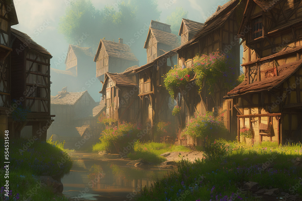 medieval old town street landscape Stock Illustration | Adobe Stock