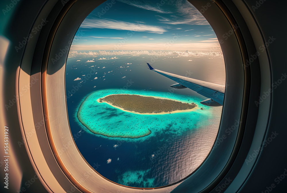 Top view of the Maldives islands as seen from an aircraft window with ...