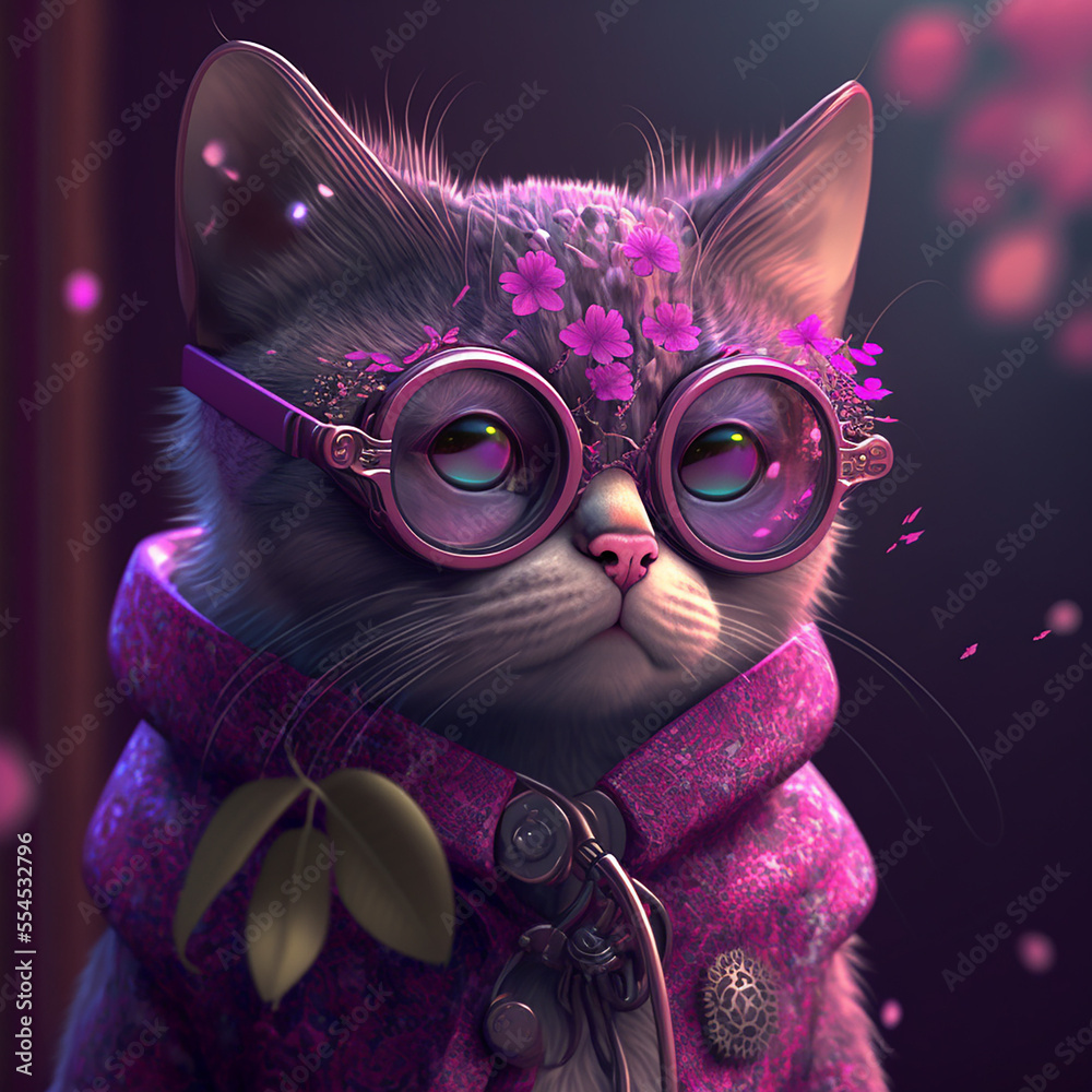 Cute pink cat in futuristic 3d glasses.Portrait of a cat in the night ...