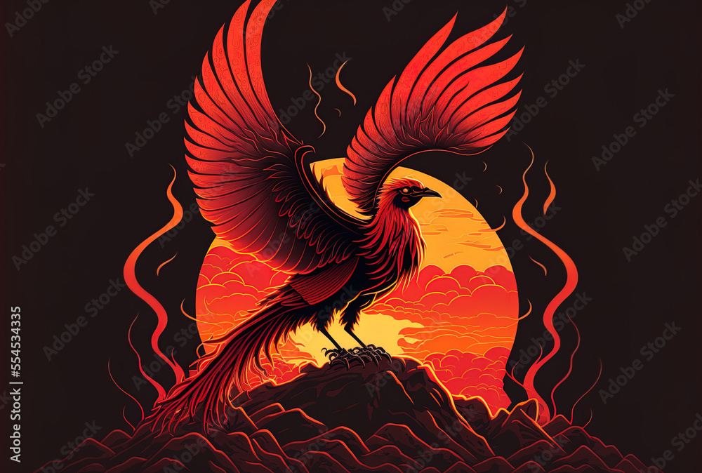 Cartoon Phoenix or fenix fire bird on lava filled countryside with the ...