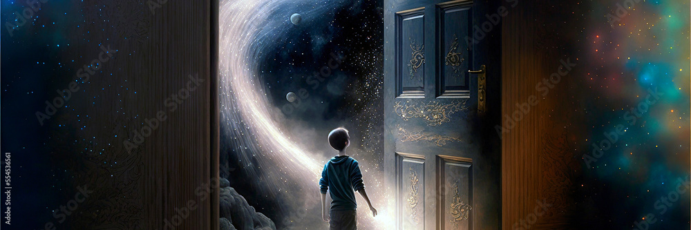 Open the door to a magic world, a little boy looks a space of lights ...