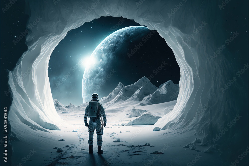 Astronaut on a cold snowy planet. Winter snowy landscape of Antarctica ...