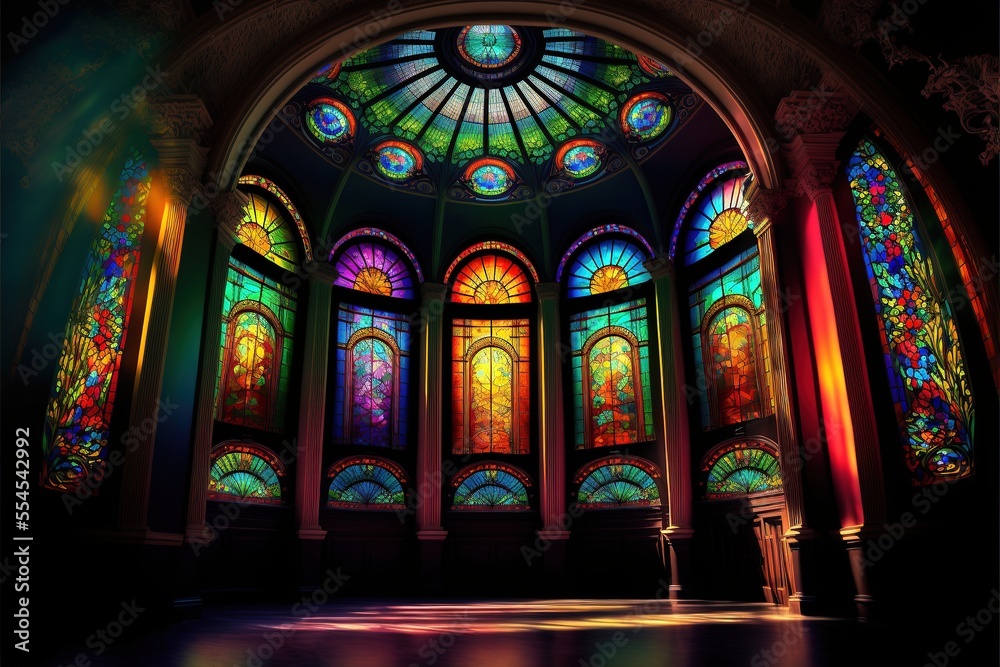 The majestic interior of an old hall with large stained-glass multi ...