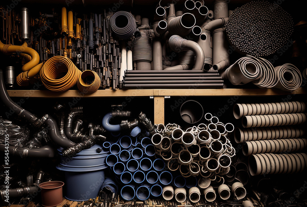 assortment of pipes from a hardware shop. In a hardware shop, produced ...