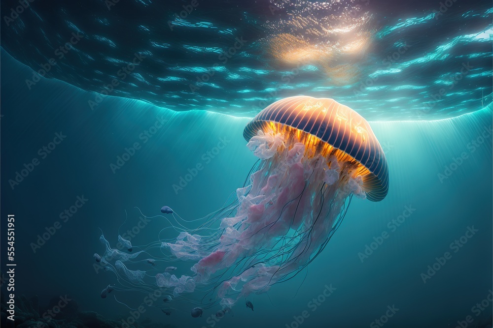 Sea jellyfish on the wave of the ocean. Beautiful, light, colorful ...