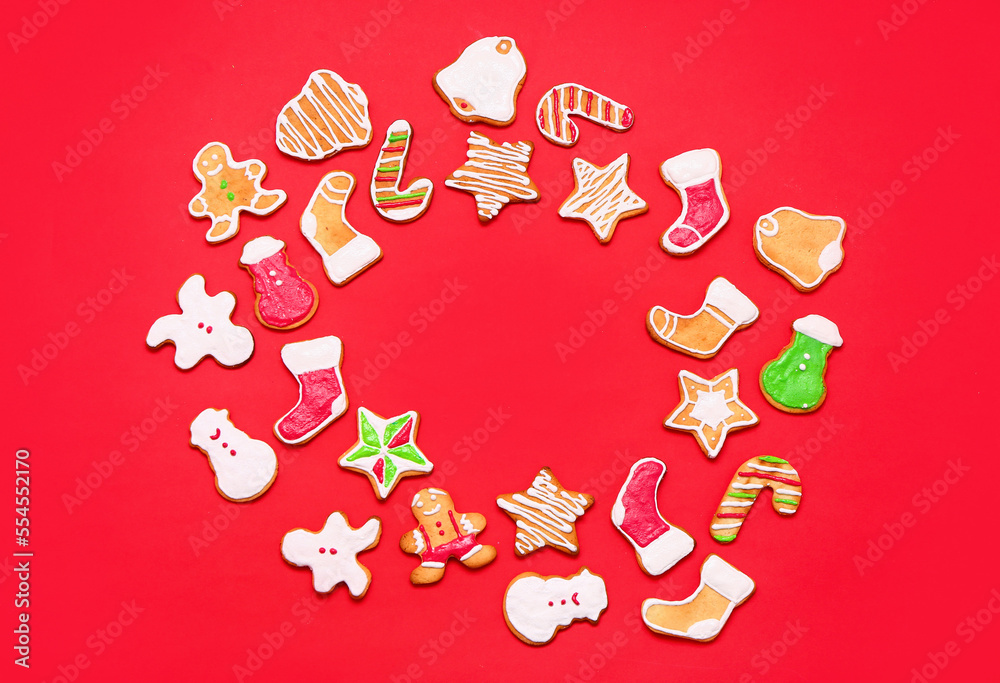 Frame made of different Christmas cookies on red background Stock Photo ...