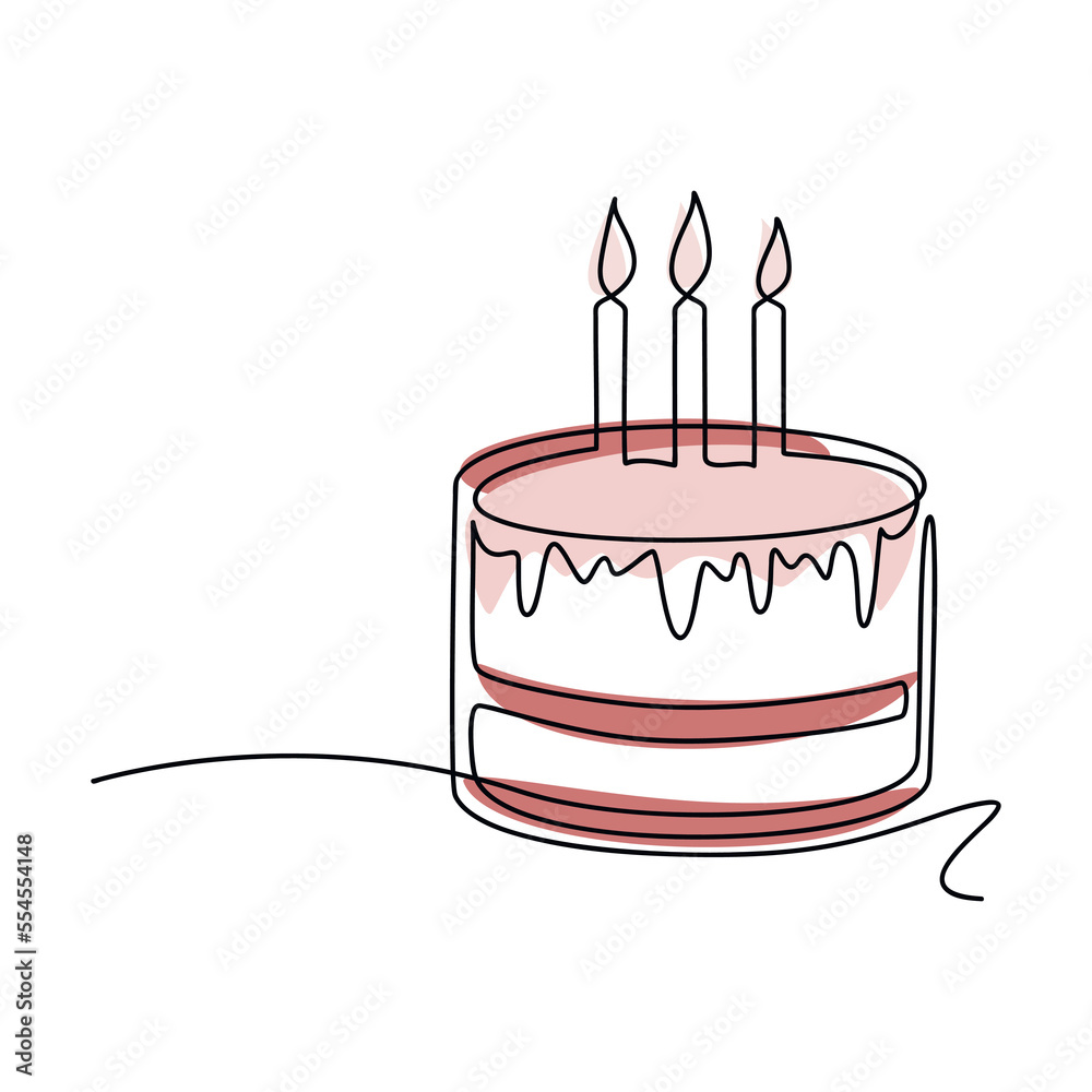 Vector birthday cake with candles one line continuous drawing ...