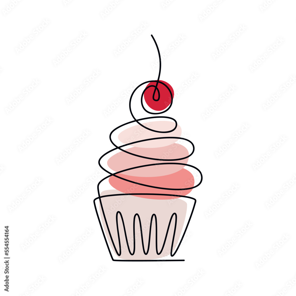 Muffin cupcake with cherry berry vector one line continuous drawing ...