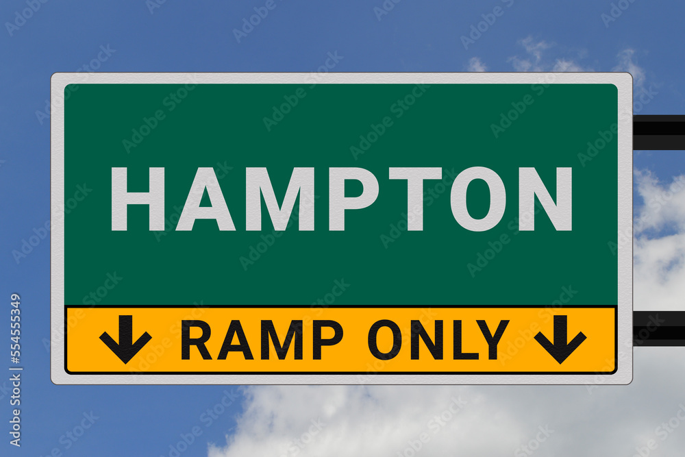 Hampton logo. Hampton lettering on a road sign. Signpost at entrance to ...