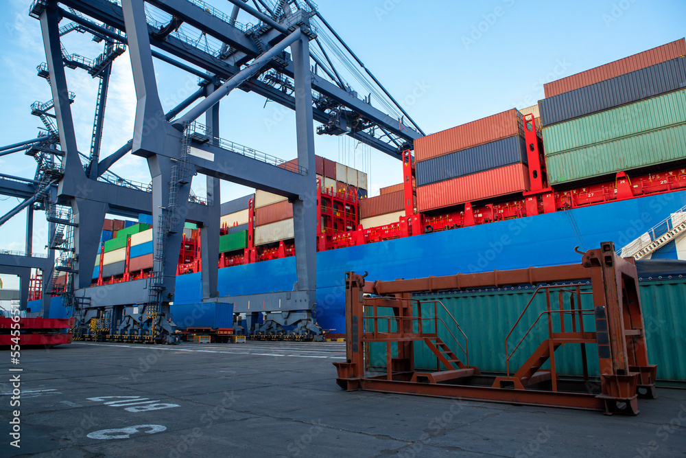 Container ship in port at container terminal. Ships of container ships ...