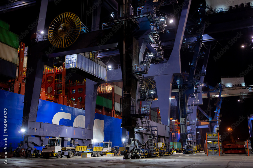 Containers loading by crane in the night , Trade Port. container ...