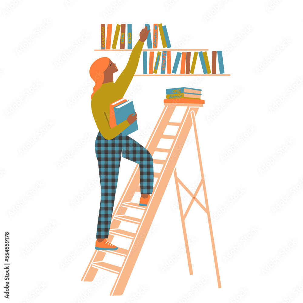 Young women student holding books standing on the ladder near the ...