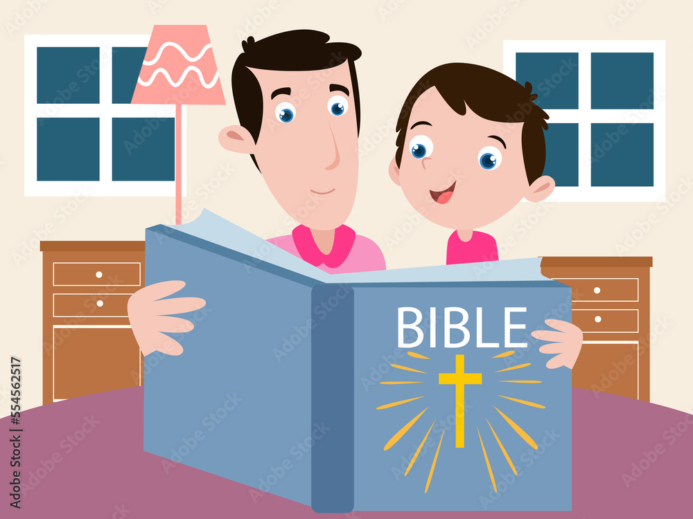 Boy and his father reading bible at home Stock Illustration | Adobe Stock